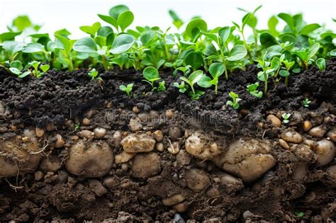 Illustration Depicting Root Development In A Soil Crosssection For Growing Plants Stock Photo