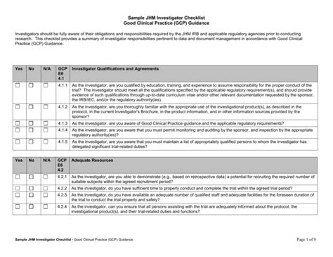 Jhm Investigator Gcp Checklist