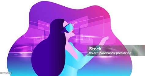 메타버스 디지털 가상 현실 및 증강 현실 기술 가상 현실 헤드셋 안경을 착용한 여성 가상 공간과 우주 벡터 일러스트레이션 Brand Name Smart Phone에 대한