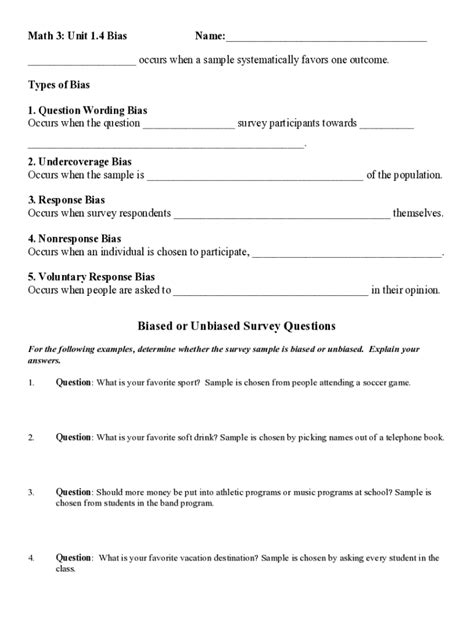 Fillable Online Bias And Sampling Worksheet Fax Email Print Pdffiller
