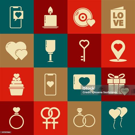 풍선을 하트 형태로 설정하고 선물 상자 및지도 포인터 낭만적 인 음악 와인 잔 하트 스마트 폰 말풍선 및 키 모양 아이콘 벡터 Brand Name Smart Phone에