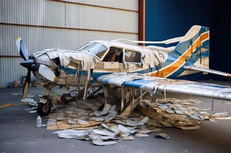 Premium Ai Image Broken Airplane Fixed With Tape And Repaired In Hangar