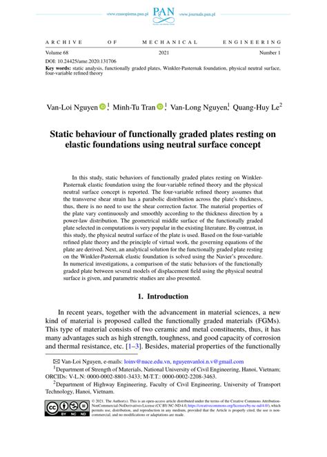 Pdf Static Behaviour Of Functionally Graded Plates Resting On Elastic Foundations Using