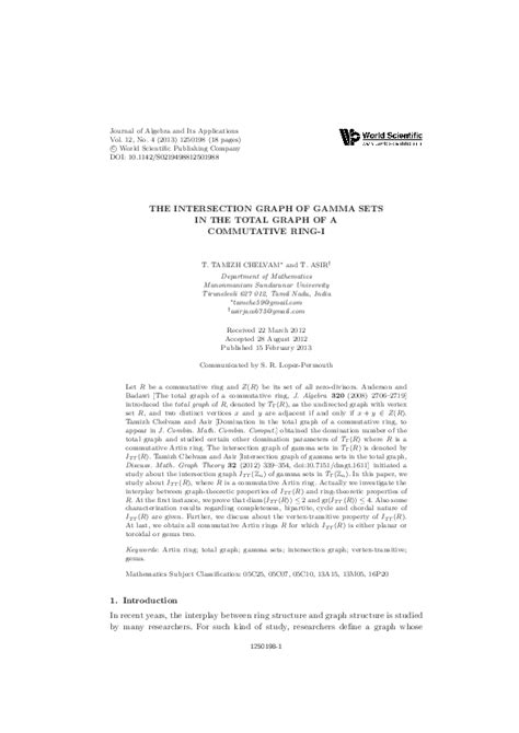 Pdf On The Intersection Graph Of Gamma Sets In The Total Graph Of A Commutative Ring I