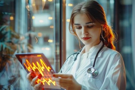 Young Medical Professional Analyzing Health Data On A Tablet In A Modern Clinic Premium Ai