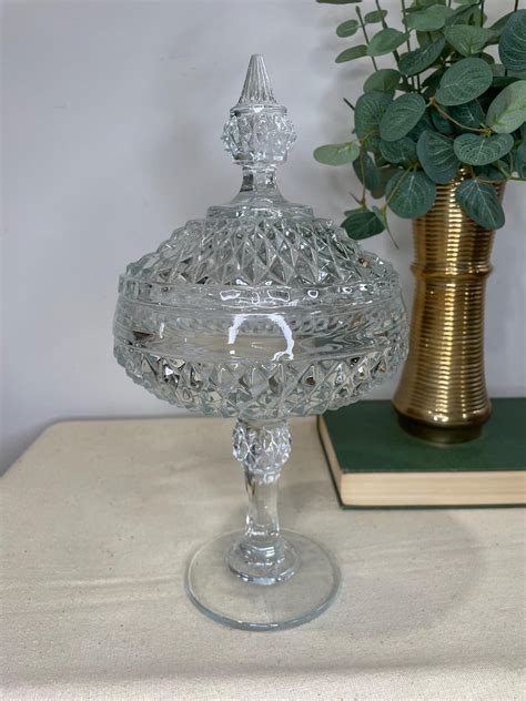 Vintage Indiana Glass Diamond Point Clear Compote Pedestal Candy Dish