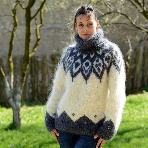 Hand Knit Mohair Icelandic Sweater Norwegian White Gray Fuzzy Turtleneck Jumper Pullover Jersey