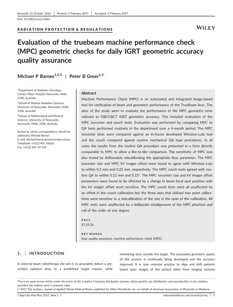 Pdf Evaluation Of The Truebeam Machine Performance Check Mpc