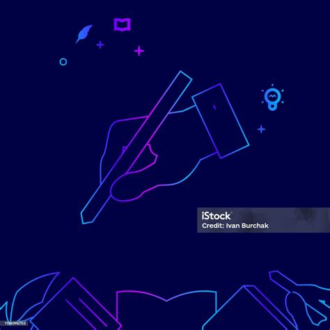 손 연필 벡터 라인 아이콘 어두운 파란색 배경에 그림을 들고 관련 된 아래쪽 테두리 개성 개념에 대한 스톡 벡터 아트 및 기타