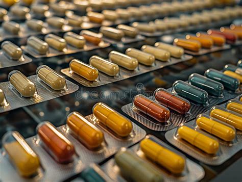 Close Up Of Blister Pack Capsules On Reflective Surface In Medical Setting Stock Illustration