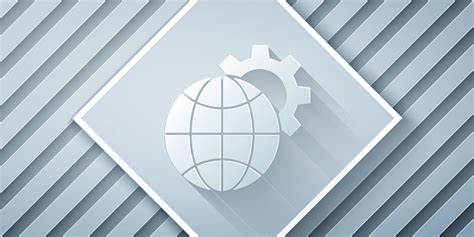 종이 는 회색 배경에 고립 된 지구의 글로브와 기어 또는 코그 아이콘을 잘라 매개 변수 설정 글로벌 옵션 종이 아트 스타일 벡터 일러스트레이션 0명에 대한 스톡 벡터 아트