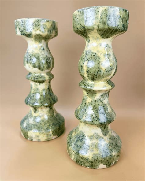 Glazed Ceramic Candlesticks Pair Native Gardeners
