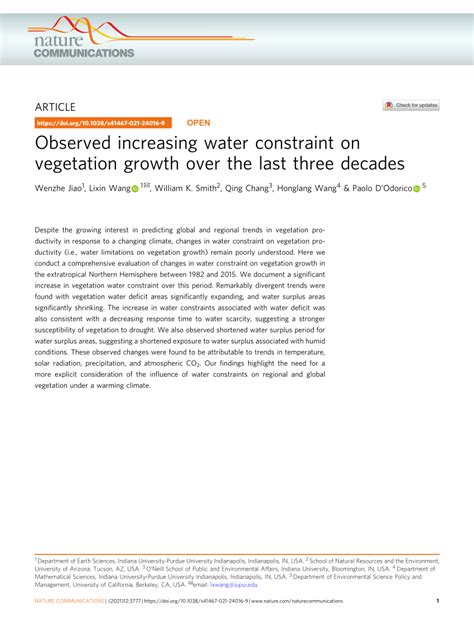 Pdf Observed Increasing Water Constraint On Vegetation Growth Over