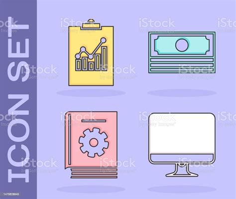 컴퓨터 모니터 화면 그래프 차트가있는 클립 보드 사용 설명서 및 지폐 현금 아이콘 쌓기를 설정합니다 벡터 그래프에 대한 스톡 벡터 아트 및 기타 이미지 Istock