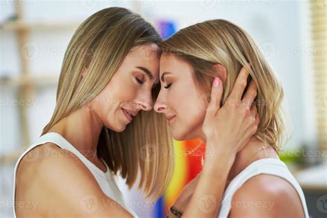 Lgbt Lesbian Couple Love Moments In The Kitchen Happiness Concept