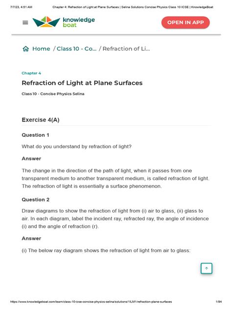 Chapter 4 Refraction Of Light At Plane Surfaces Selina Solutions