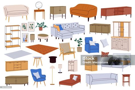 인테리어 가구 메가 플랫 디자인으로 설정 다양한 유형의 소파 테이블 책장 그림 안락 의자 램프 베개 등의 요소를 번들로 묶습니다 벡터 일러스트 레이 션 고립 된 그래픽 개체