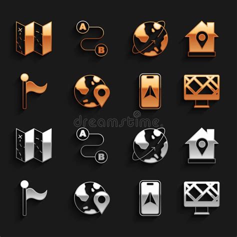 Set Location On The Globe With House Monitor Map Location City Navigation Flag Satellites