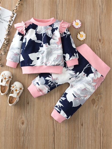 Спортивные брюки и свитшот с цветочным принтом для девочек Klädset Duk Byxor Outfit