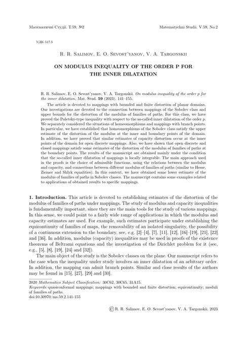 Pdf On Modulus Inequality Of The Order P For The Inner Dilatation