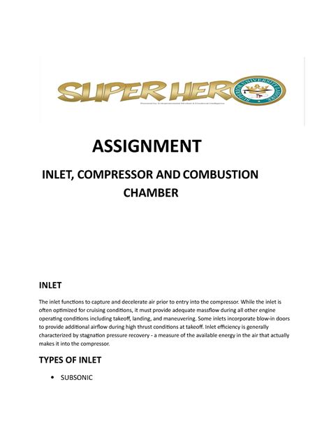 Arslan Iqbal Assignment Assignment Inlet Compressor And Combustion Chamber Inlet The Inlet