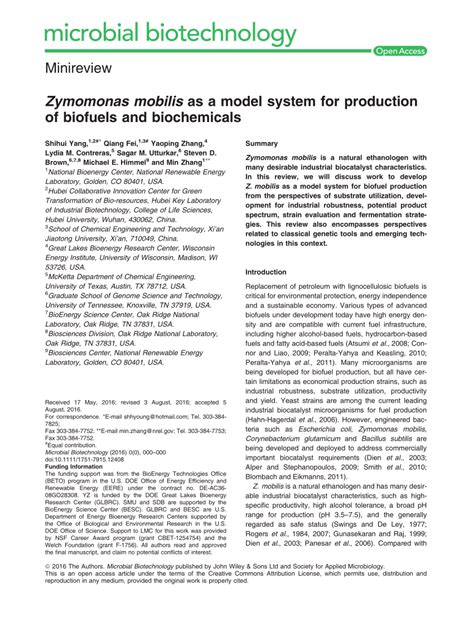 Pdf Zymomonas Mobilis As A Model System For Production Of Biofuels
