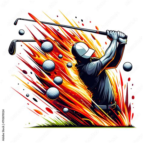 Vector Style Image Golf Swing Iron Club Golf Ball Exploding Fire