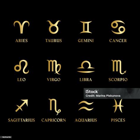 검은 색 배경에 금색 금속 조디악 표지판과 기호의 집합입니다 별자리 점성술 아이콘 0명에 대한 스톡 벡터 아트 및 기타 이미지