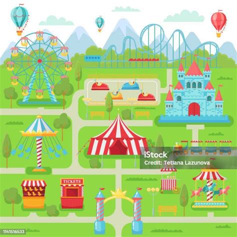 놀이 공원 지도 가족 엔터테인먼트 축제 명소 회전 목마 롤러 코스터 관람차 벡터 일러스트 레이 션 놀이 공원에 대한 스톡 벡터 아트 및 기타 이미지 Istock