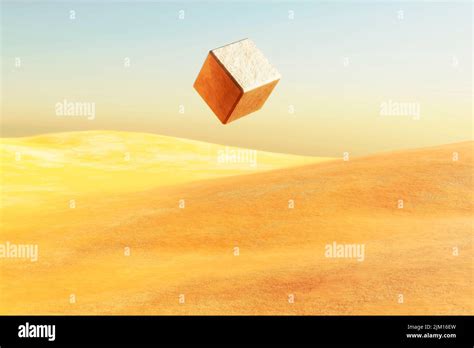 Surreal Desert Landscape With White Bright Cube Floating Over Desert Modern Minimal Abstract
