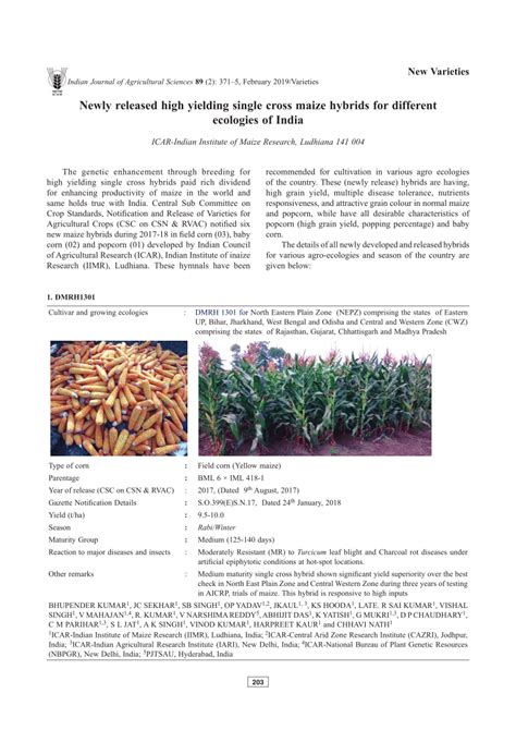 Pdf Newly Released High Yielding Single Cross Maize Hybrids For Different Ecologies Of India