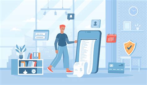 전자 영수증 은행 서비스 및 거래 온라인 인보이스 결제 모바일 앱 플랫 만화 벡터 일러스트레이션 배너 웹 사이트 디자인 또는 랜딩 웹 페이지에 대한 사람 캐릭터 만화에 대한