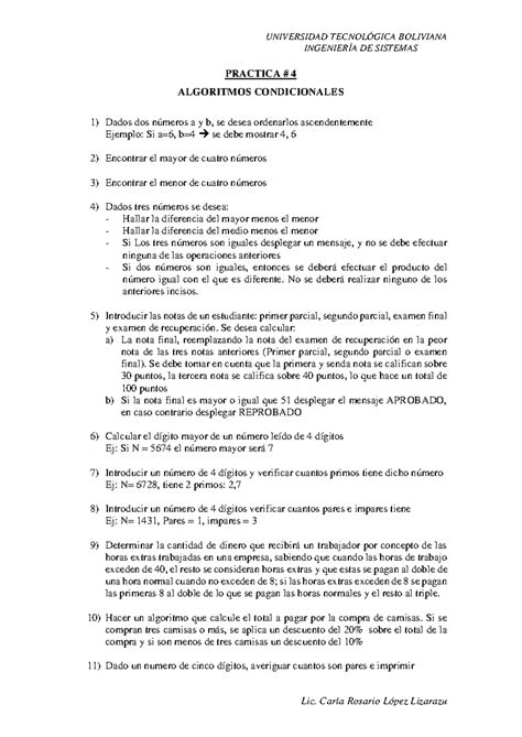 Practica 4 Algoritmos Condicionales Universidad TecnolÓgica Boliviana IngenierÍa De Sistemas