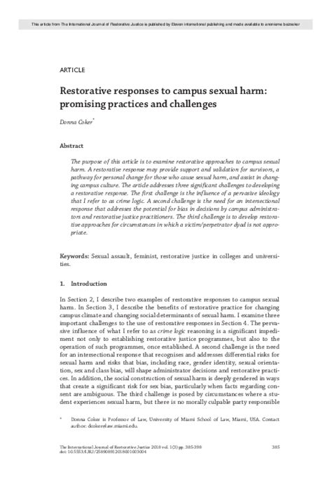 Pdf Restorative Responses To Campus Sexual Harm Promising Practices
