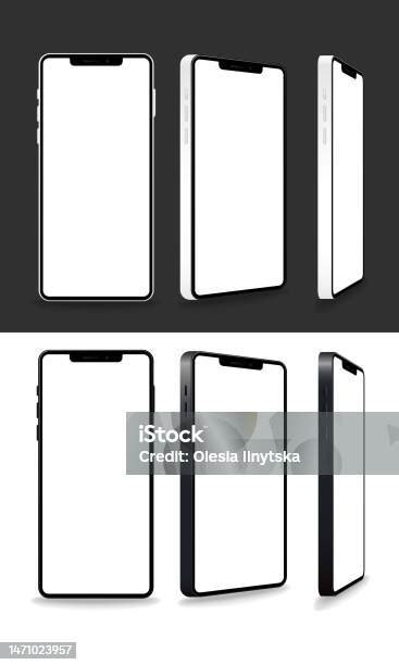 스마트폰 모형 컬렉션 흰색 화면이 있는 현실적인 은색과 검은색 모델 스마트폰 장치 전면 보기 0명에 대한 스톡 벡터 아트 및 기타 이미지 Istock
