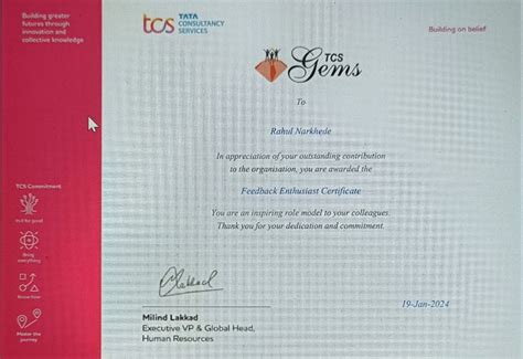 Rahul Narkhede On Linkedin Tataconsultancyservices Appreciationcertificate Tcs