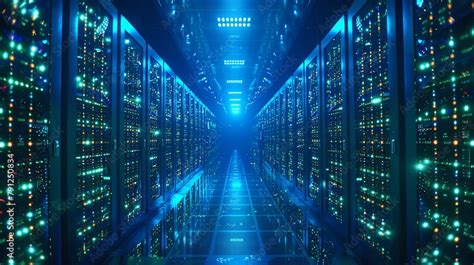Digital Illustration Of A Massive Cloud Computing Data Center Featuring Rows Of Servers With