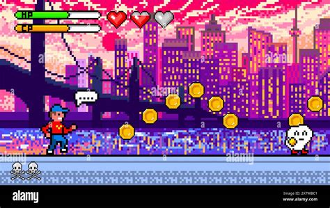 Pixel Modern City The Game Character Collects Coins Passing Levels