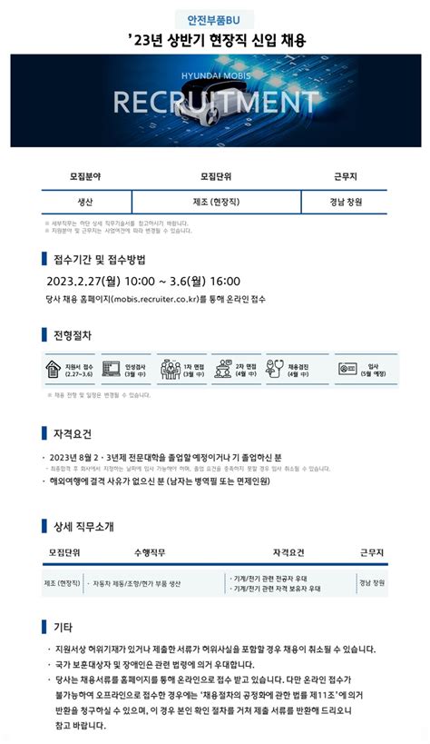 [현대모비스] 2023년 상반기 안전부품bu 현장직 신입사원 채용 공모전 대외활동 링커리어