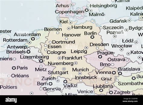 Close Up To A Germany Political Map With Most Important Cities And