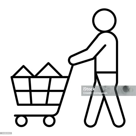 쇼핑 카트 얇은 선 아이콘 소비자 구매자 개념을 가진 남자 벡터 그래픽입니다 흰색 배경에 인간과 전체 트롤리 기호 스타일 모바일 또는 디자인 가방에 대한 스톡 벡터 아트 및