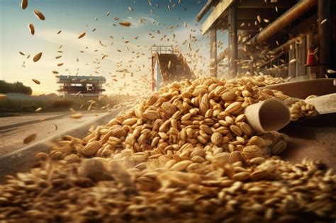 수확 밀 곡물 트랙터 콤바인 수확기 농업의 마지막 단계에서 일련의 작업 수확된 작물 비옥도 및 가족 복지 성숙한 농산물 및 식품