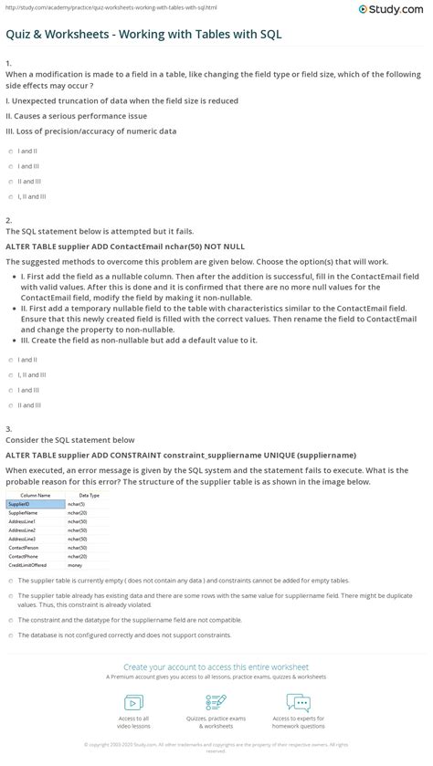 Quiz And Worksheets Working With Tables With Sql
