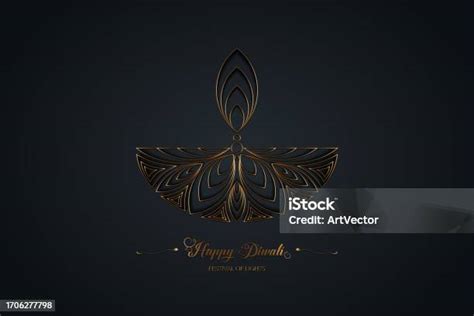 해피 디왈리 빛의 축제 인도 축하 골드 로고 템플릿입니다 인도 꽃 Diya 오일 램프의 그래픽 배너 디자인 황금 럭셔리 현대 디자인 검은색 배경에 분리된 벡터 디야 램프에