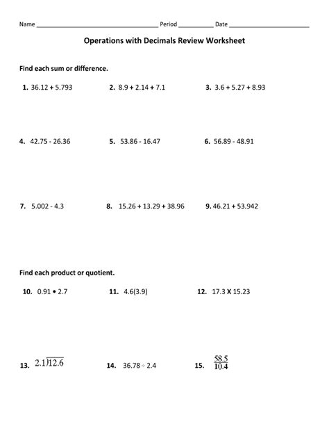 Decimal Operations Review Worksheet