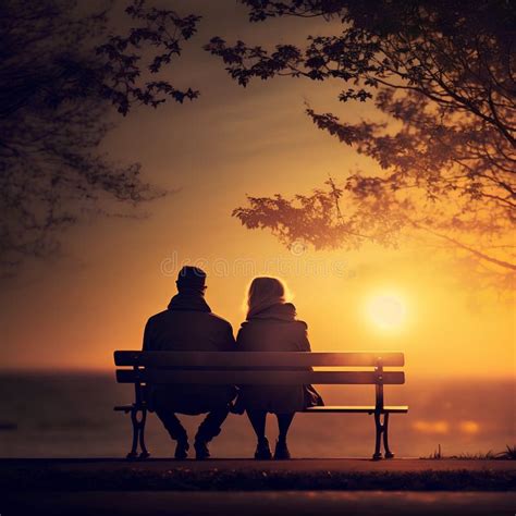 Couple Sitting On A Bench In The Park At The Sunset Stock Illustration