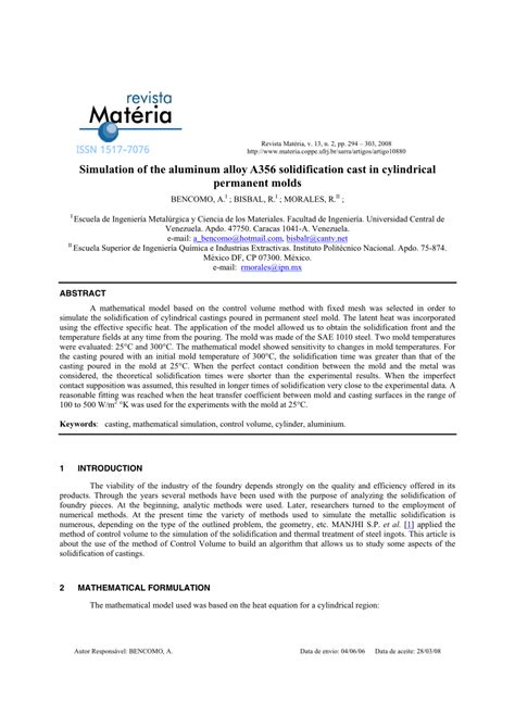 Pdf Simulation Of The Aluminum Alloy A356 Solidification Cast In Cylindrical Permanent Molds