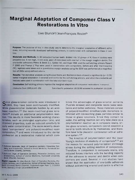 Marginal Adaptation Of Compomer Class V Restorations In Vitro Pdf Dental Composite Tooth