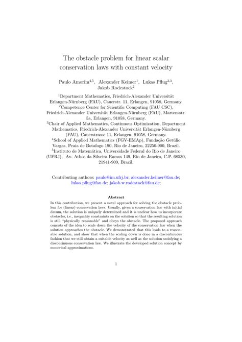 Pdf The Obstacle Problem For Linear Scalar Conservation Laws With Constant Velocity