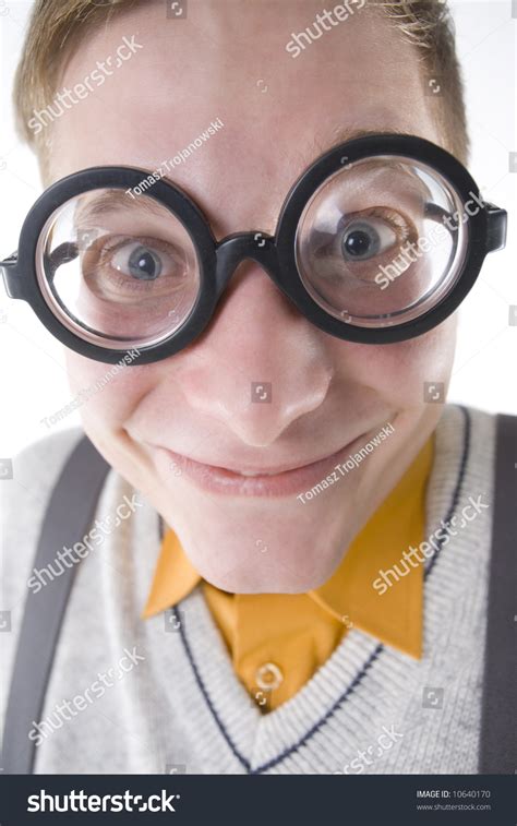 Happy Nerd Funny Glasses Smiling Looking Stock Photo